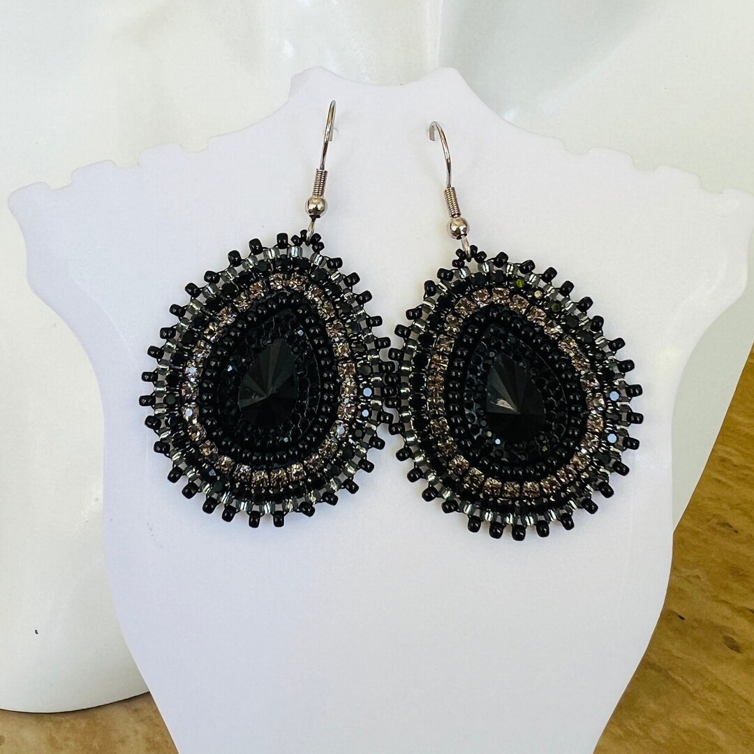 Handmade Beaded Earrings, Teardrop Black Beaded Earrings Eva Collection ...