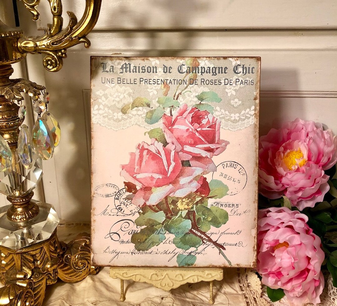 French, Vintage Style, Klein Pink Roses on Antique Lace, Shabby Sign ...
