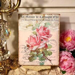 French, Vintage Style, Klein Pink Roses on Antique Lace, Shabby Sign ...
