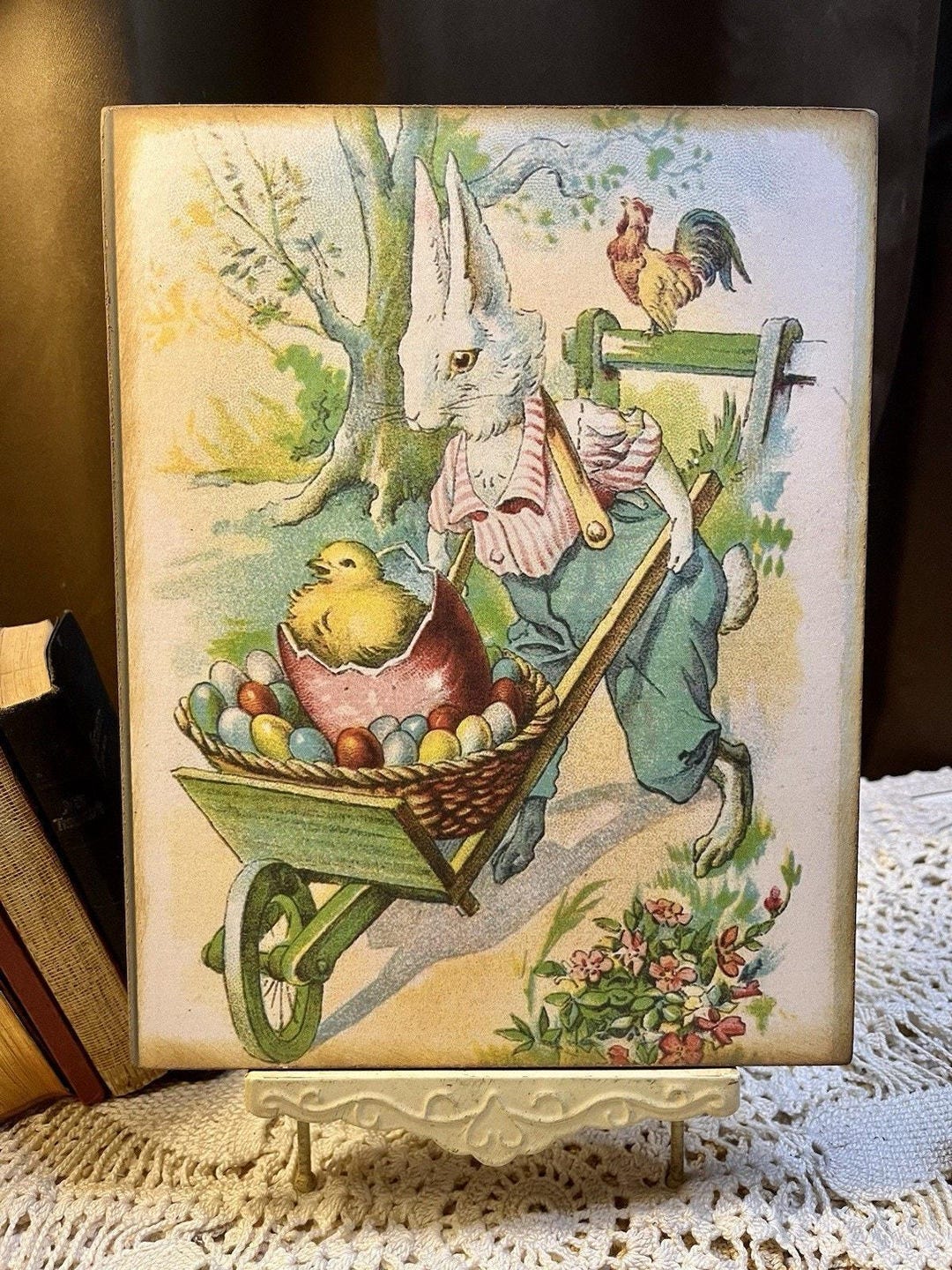 Vintage Victorian, Easter Bunny Rabbit Wheelbarrow, HANDCRAFTED Plaque ...