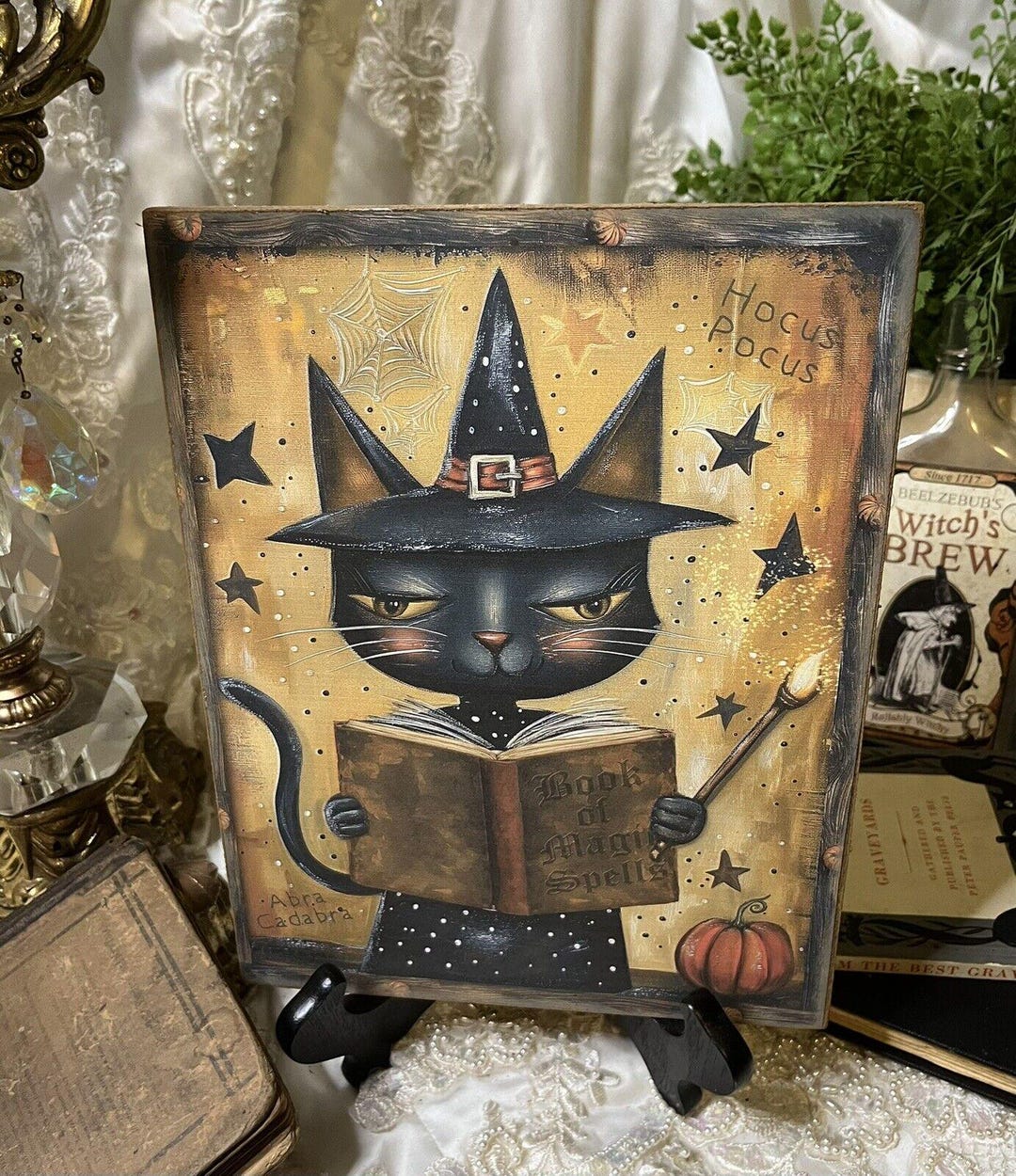 Witch Cat, Whimsical Halloween, Spell Book, Handcrafted Plaque / Sign ...
