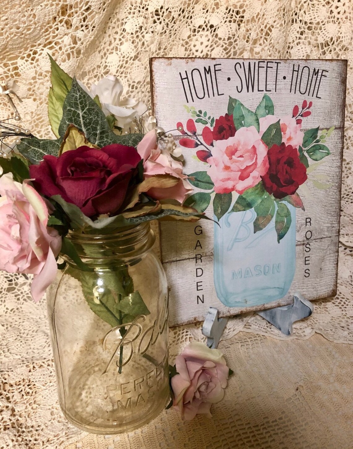 Mason Jar Garden Roses Bouquet, Home Sweet Home, Handcrafted Plaque ...