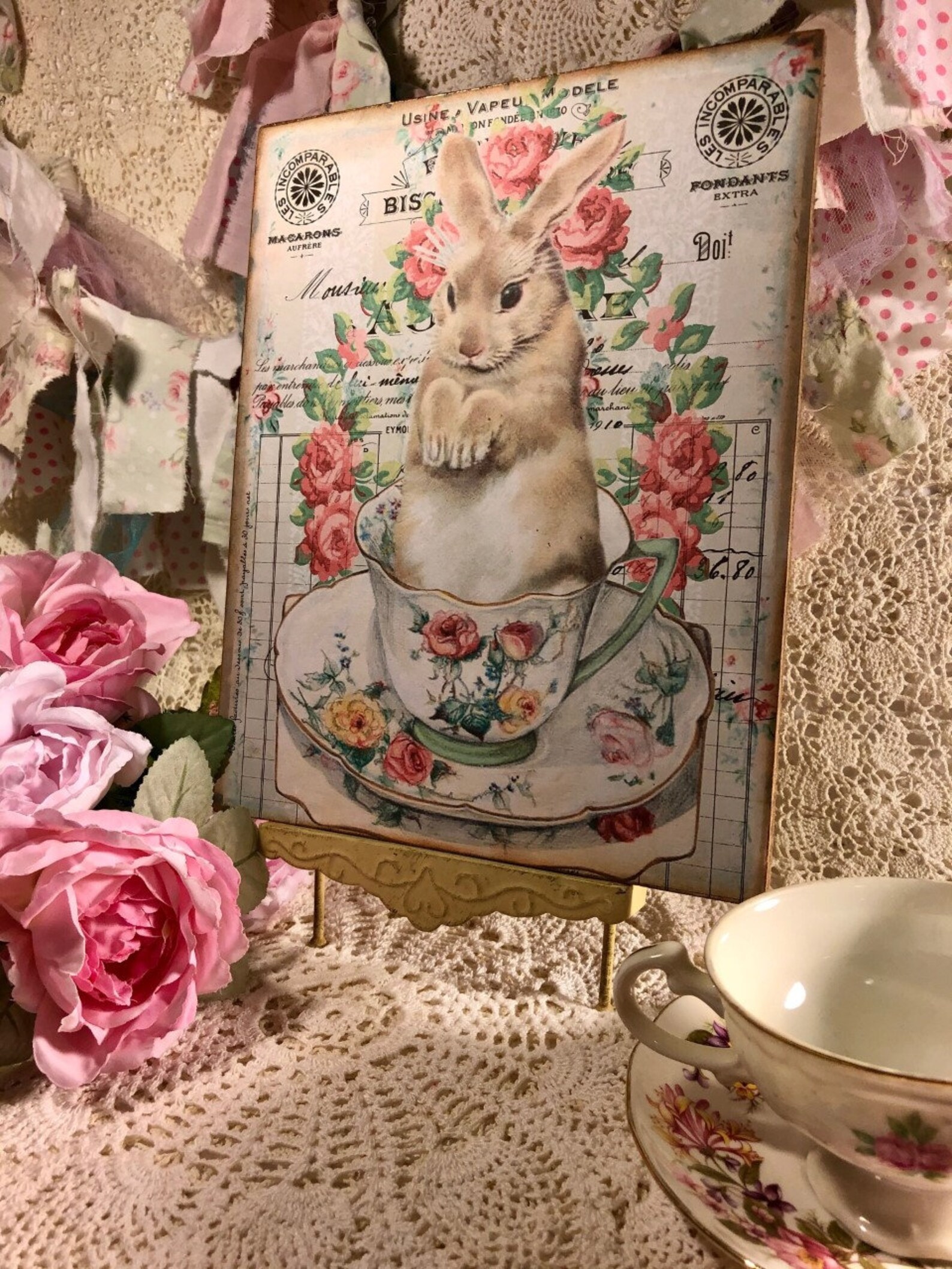 Bunny in Tea Cup Shabby Chic Vintage Style Roses Sign / - Etsy