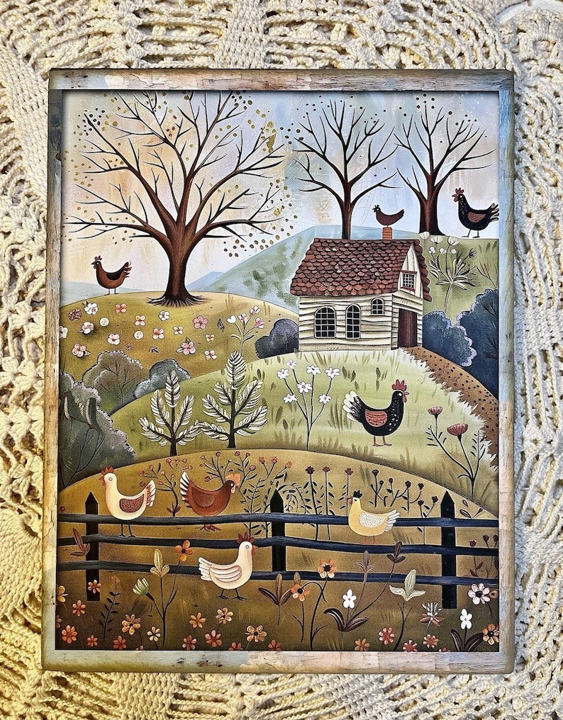 Chickens Farm, Folk Art Country Rustic Primitive Handcrafted Plaque ...