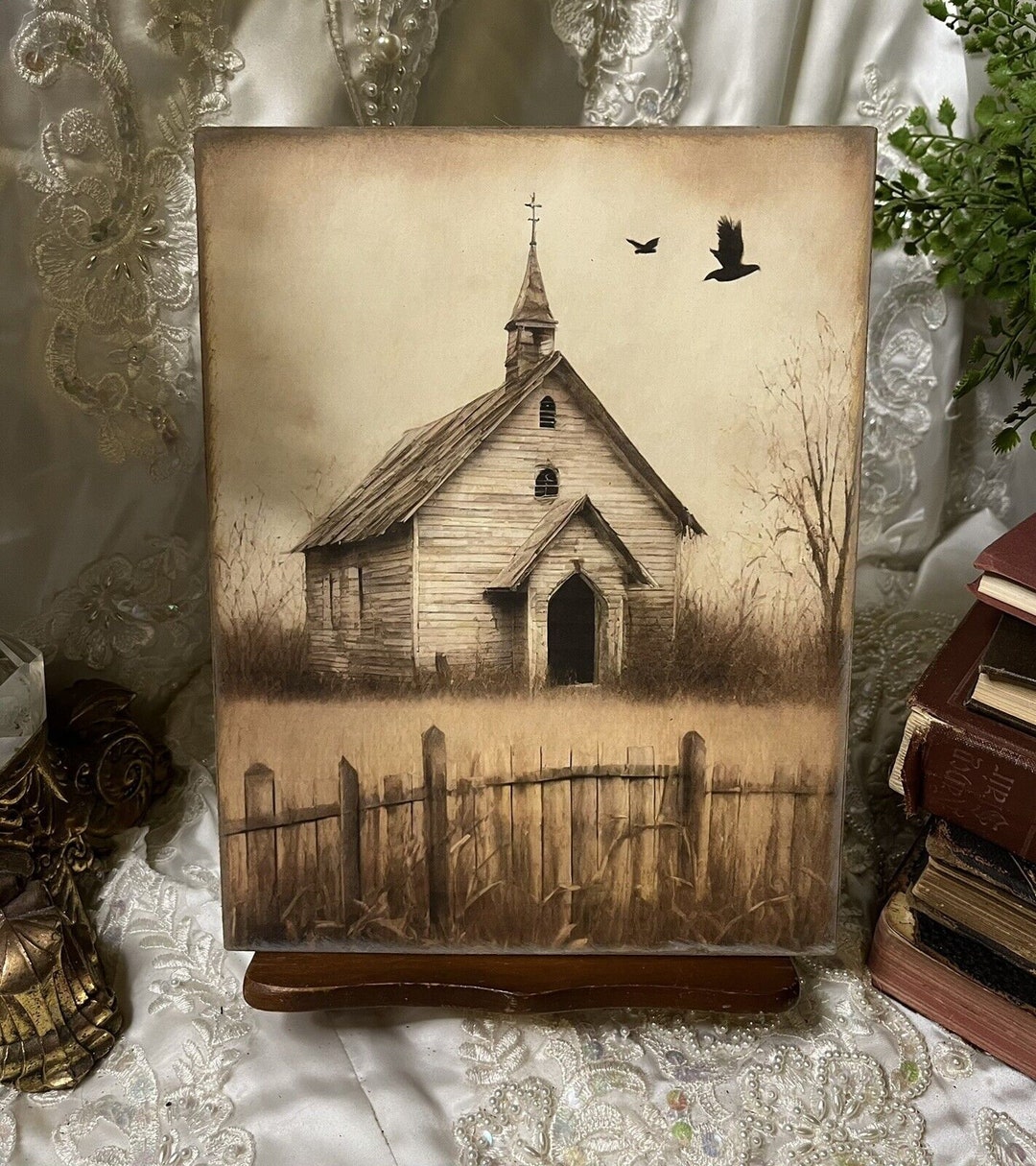 Church, Peaceful Primitive Folk Art, Sepia Handcrafted Plaque / Sign - Etsy