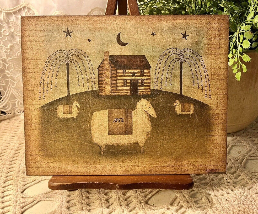 Prim Log House, Sheep, Folk Art, Primitive, Handcrafted Plaque / Sign ...