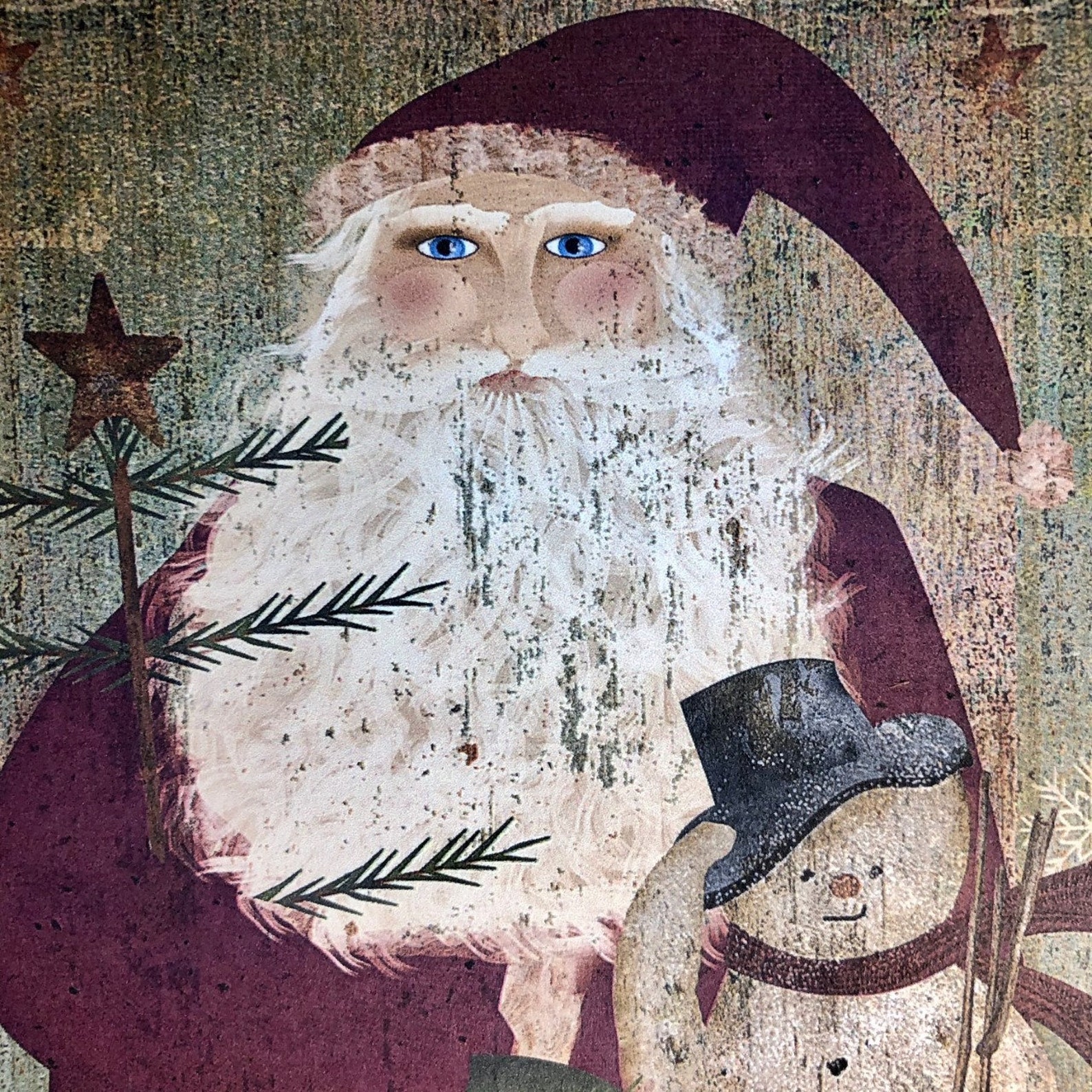 Handmade Folk Art Primitive Christmas Santa Claus With Snowman ...