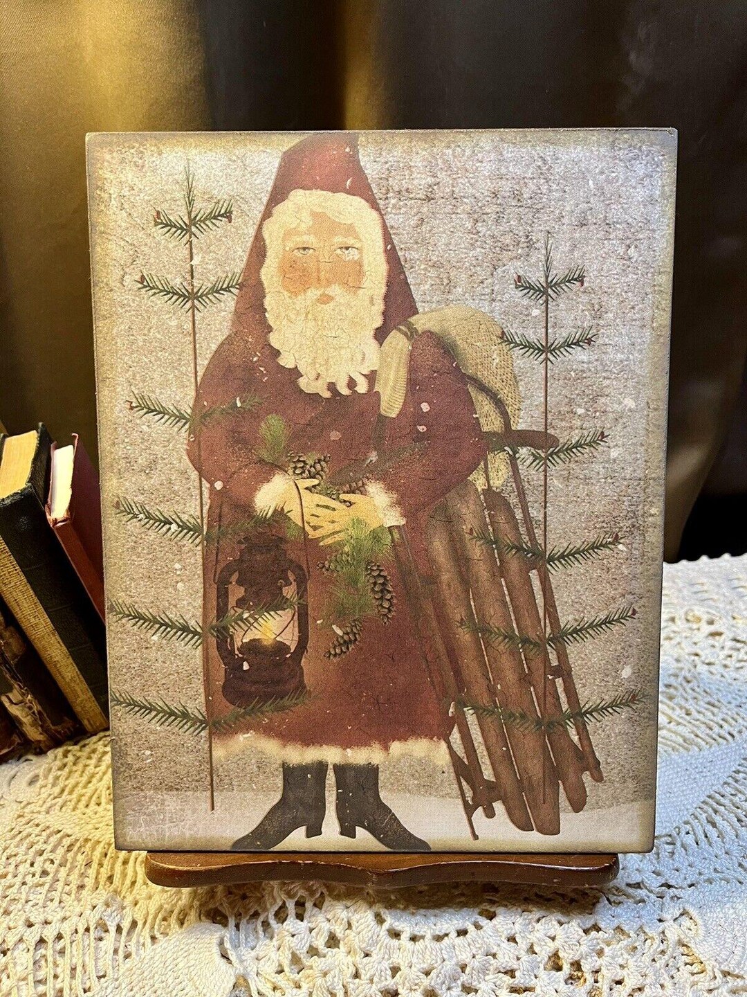 Primitive Folk Art Santa With Sled & Lantern, Handcrafted Plaque #10 - Etsy