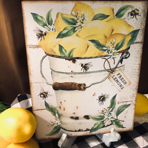 Rustic Lemon Bucket FRESH LEMONS Bees Handcrafted Plaque / - Etsy