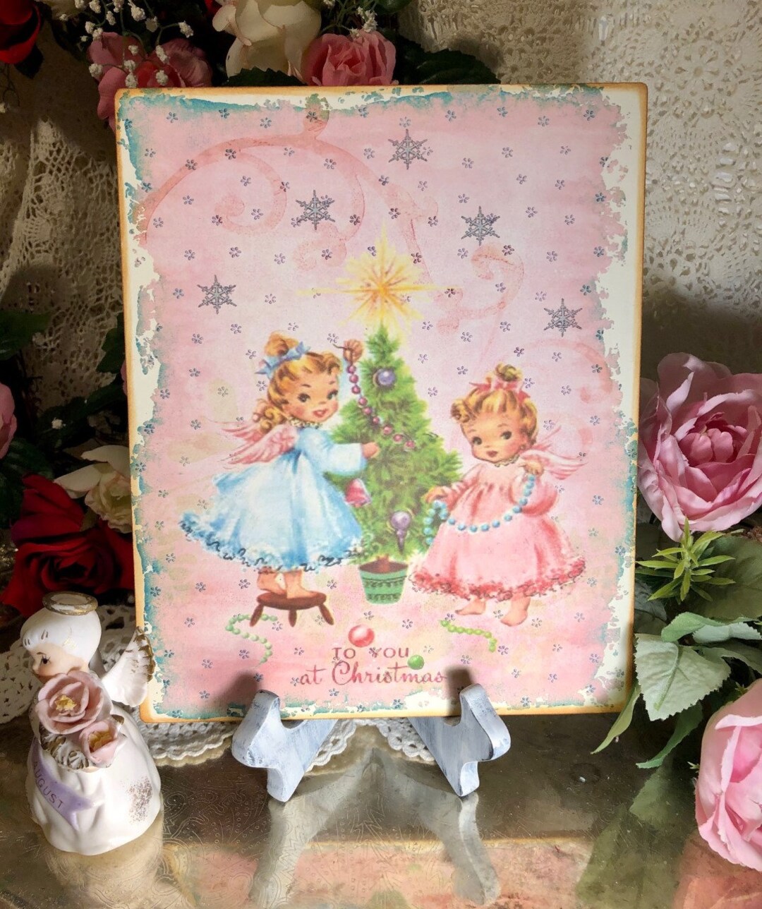 Pink Christmas, Angel Sisters, RETRO, Handcrafted Plaque / Sign - Etsy