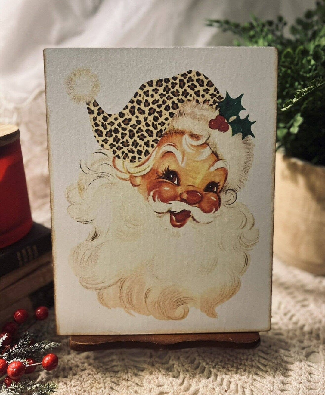 Retro Santa, Leopard Spots Hat, Cute Christmas, Handcrafted Plaque ...