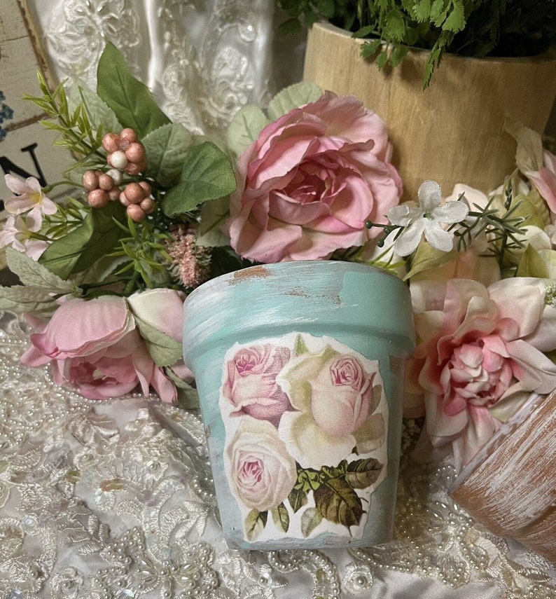 Shabby Cottage Pink Roses, Chalk Painted 4 Terracotta Clay Pot - Etsy