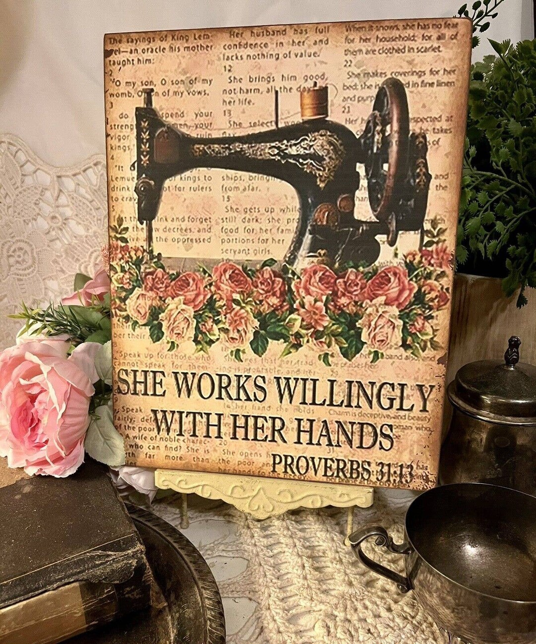 Antique Sewing Machine, Proverbs, Rustic Primitive Handcrafted Plaque ...