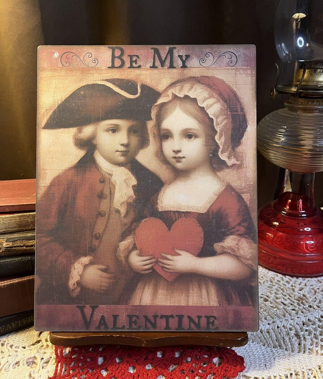 PRIMITIVE Folk Art Colonial Couple VALENTINE Handcrafted Plaque / Sign ...