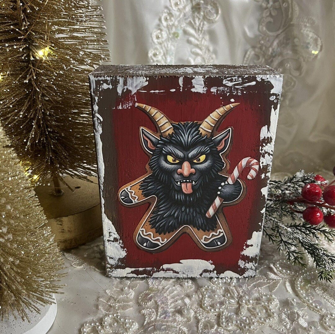 Krampus Gingerbread Man, Handcrafted Chunky Block, Wood Shelf Sitter #1 ...