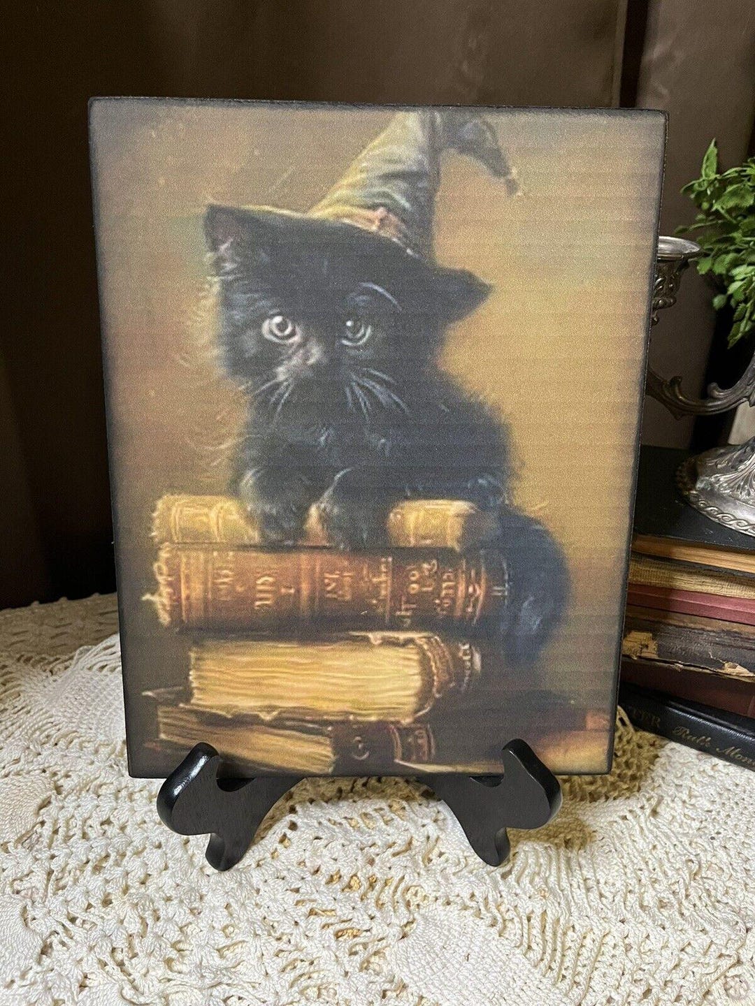 Witchy Black Cat, Books, Dark Academia, Halloween, Handcrafted Plaque ...