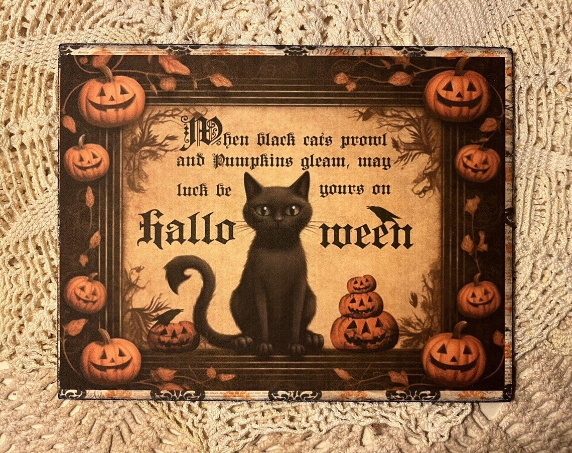 Halloween Luck, Vintage Style, Black Kitty Cat, Handcrafted Sign ...