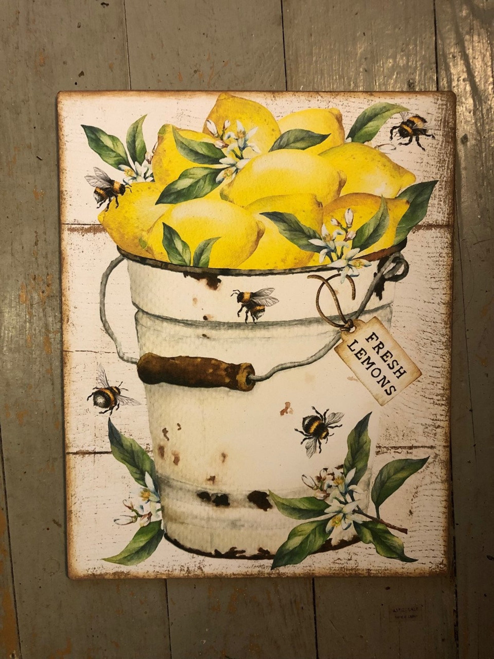 Rustic Lemon Bucket, FRESH LEMONS, Bees, Handcrafted Plaque / Sign - Etsy
