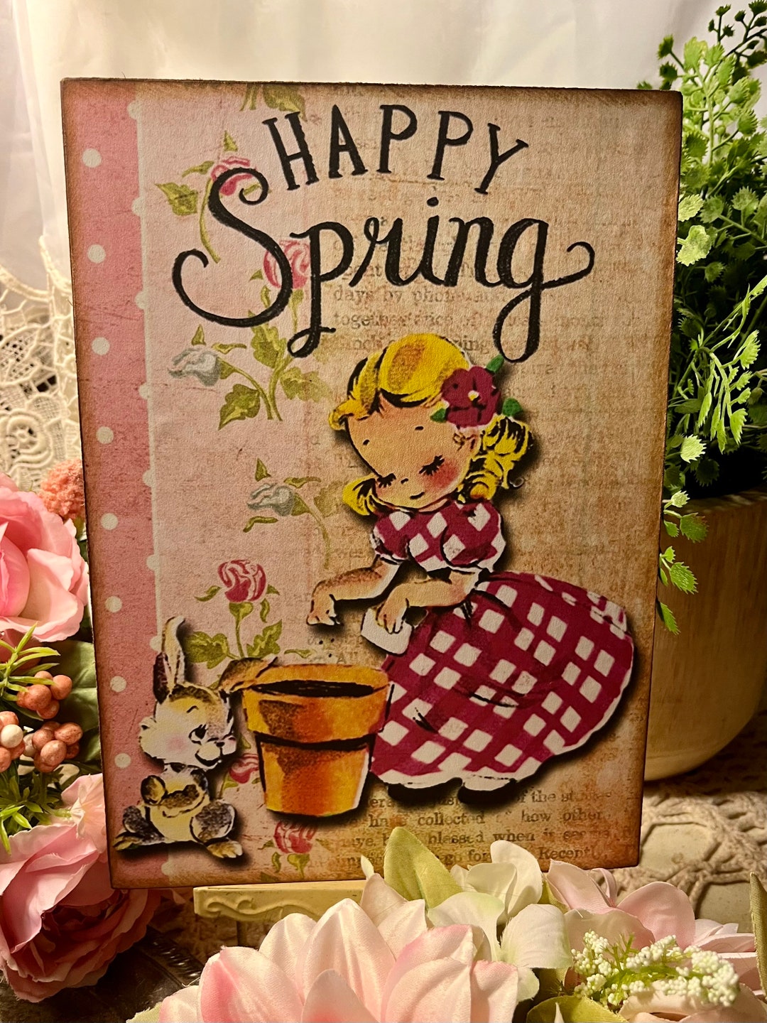 Happy Spring, Little Girl, Bunny, Retro HANDCRAFTED Plaque / Sign - Etsy