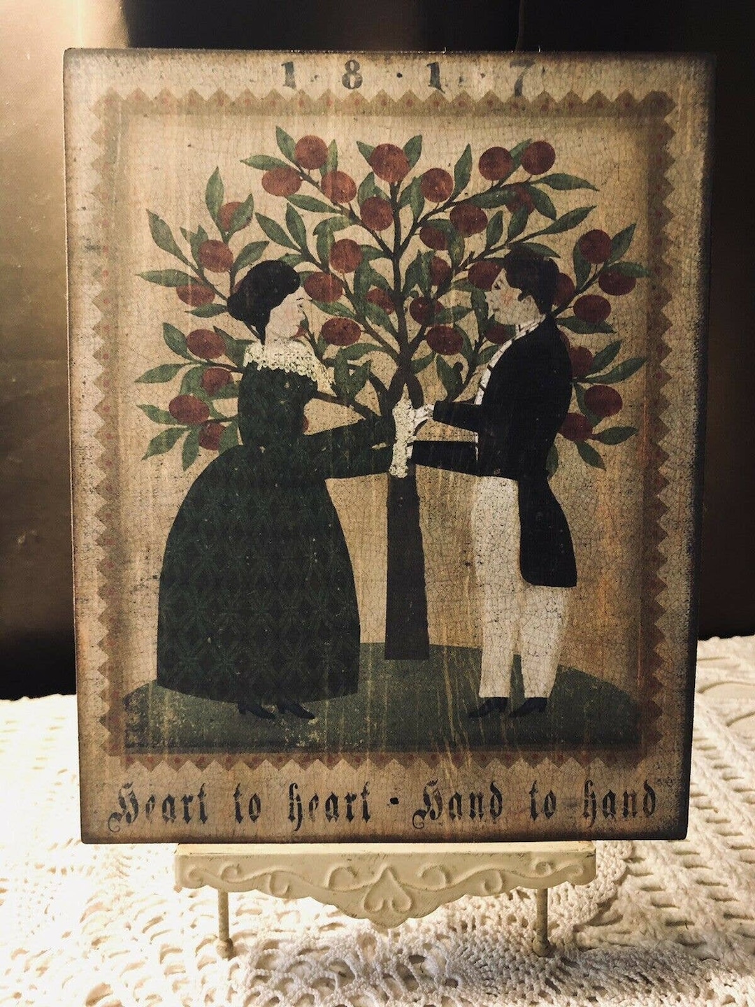 Handmade Primitive Colonial Folk Art Man & Woman, Heart / Hand Plaque ...