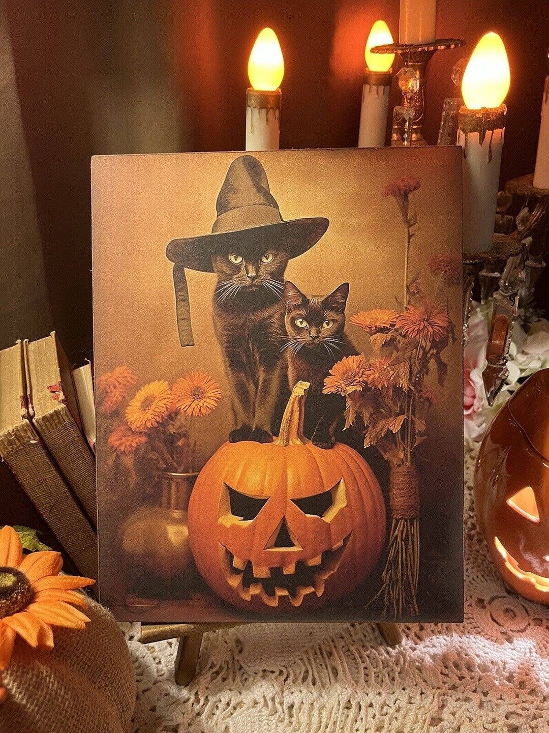 Black Cats in Witch Hats, Pumpkin, Halloween Handcrafted Plaque / Sign ...