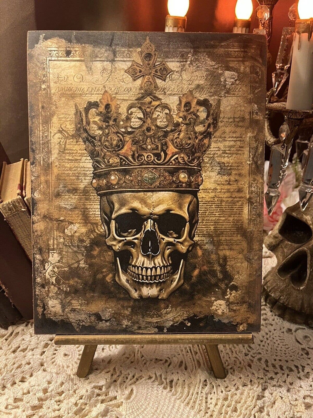 Skeleton, Skull With Crown, Romantic Halloween, Handcrafted Plaque ...