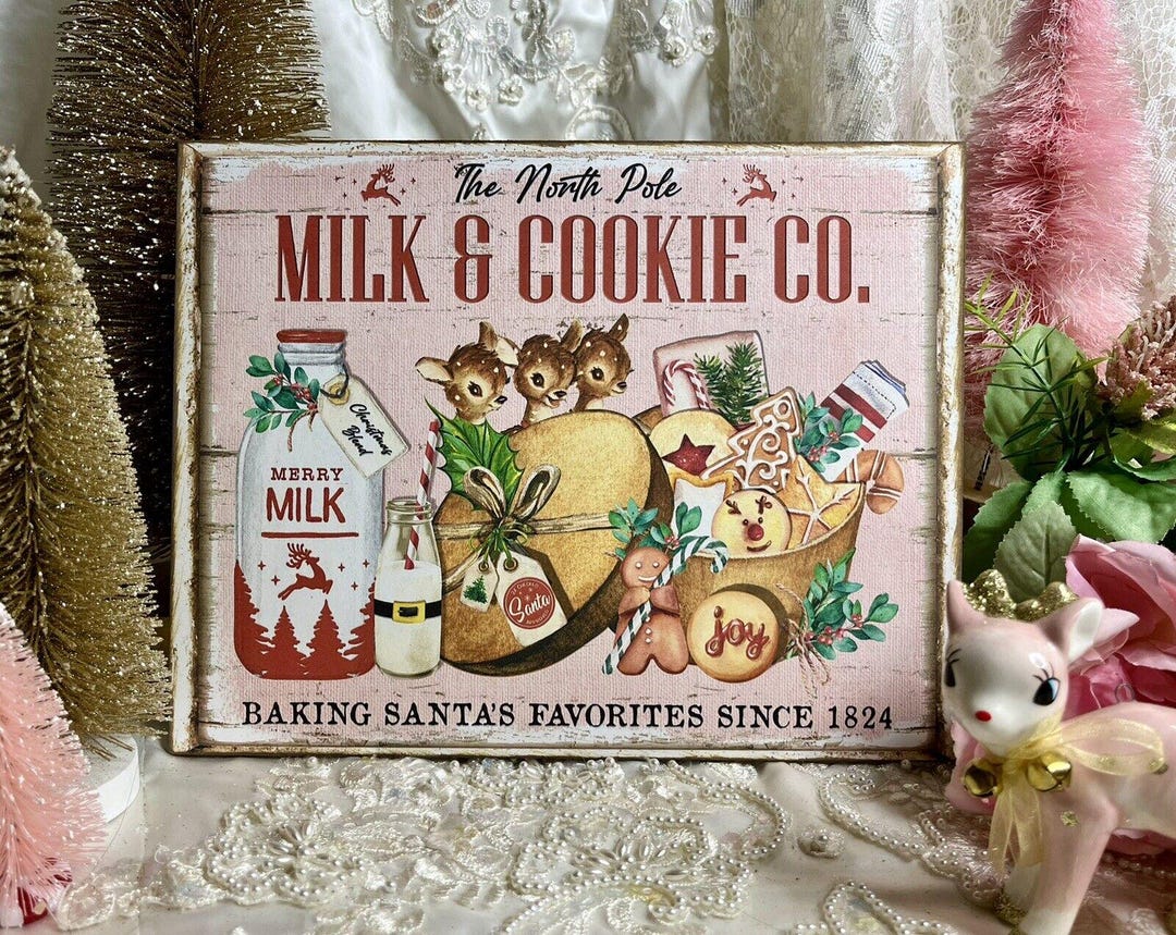 Milk & Cookie Co. Cute Kitschy PINK Christmas, Retro Handcrafted Plaque ...