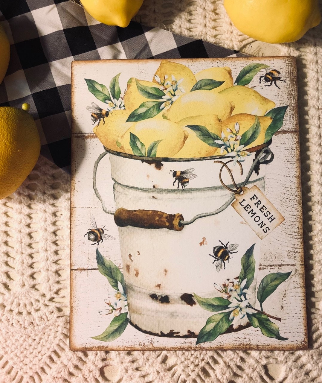 Rustic Lemon Bucket, FRESH LEMONS, Bees, Handcrafted Plaque / Sign - Etsy