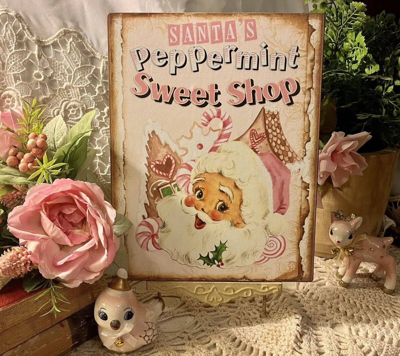 Santa's Peppermint Sweet Shop, Pink Christmas, RETRO Handcrafted Plaque ...