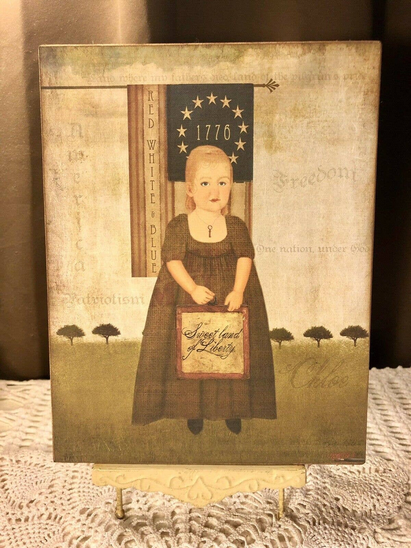 Handmade Primitive Folk Art Girl 1776 Flag Patriotic Plaque / Sign ...