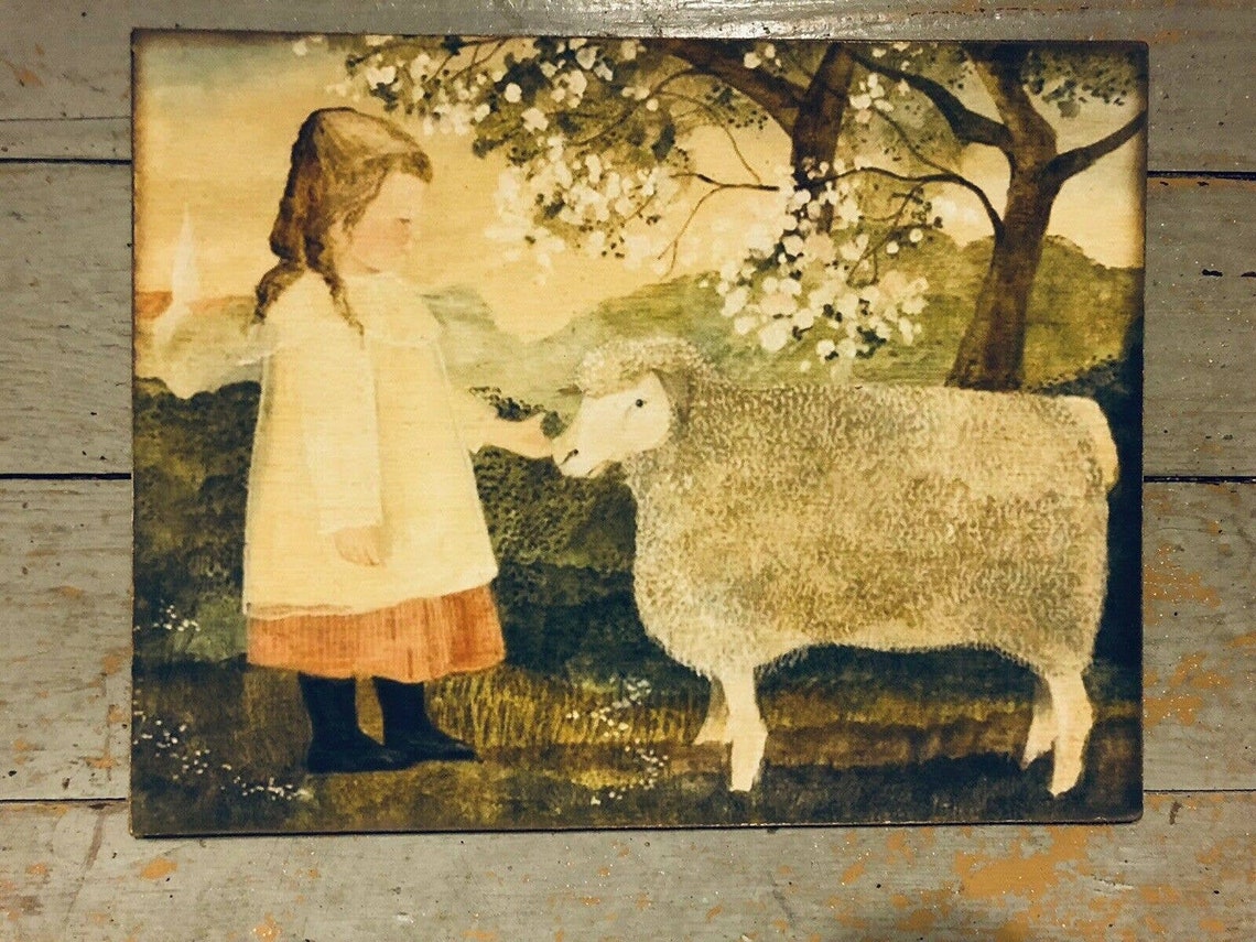 Primitive Folk Art Girl With Sheep PLAQUE / SIGN - Etsy