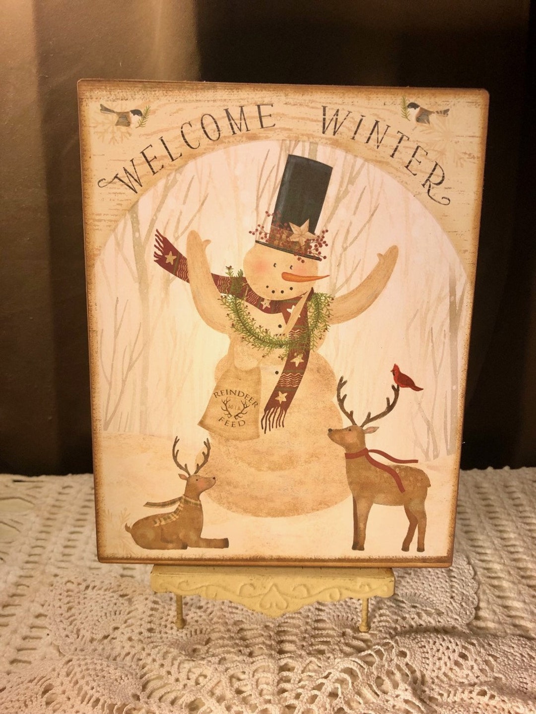 Handmade Folk Art Primitive WINTER WELCOME Snowman Handcrafted Plaque ...