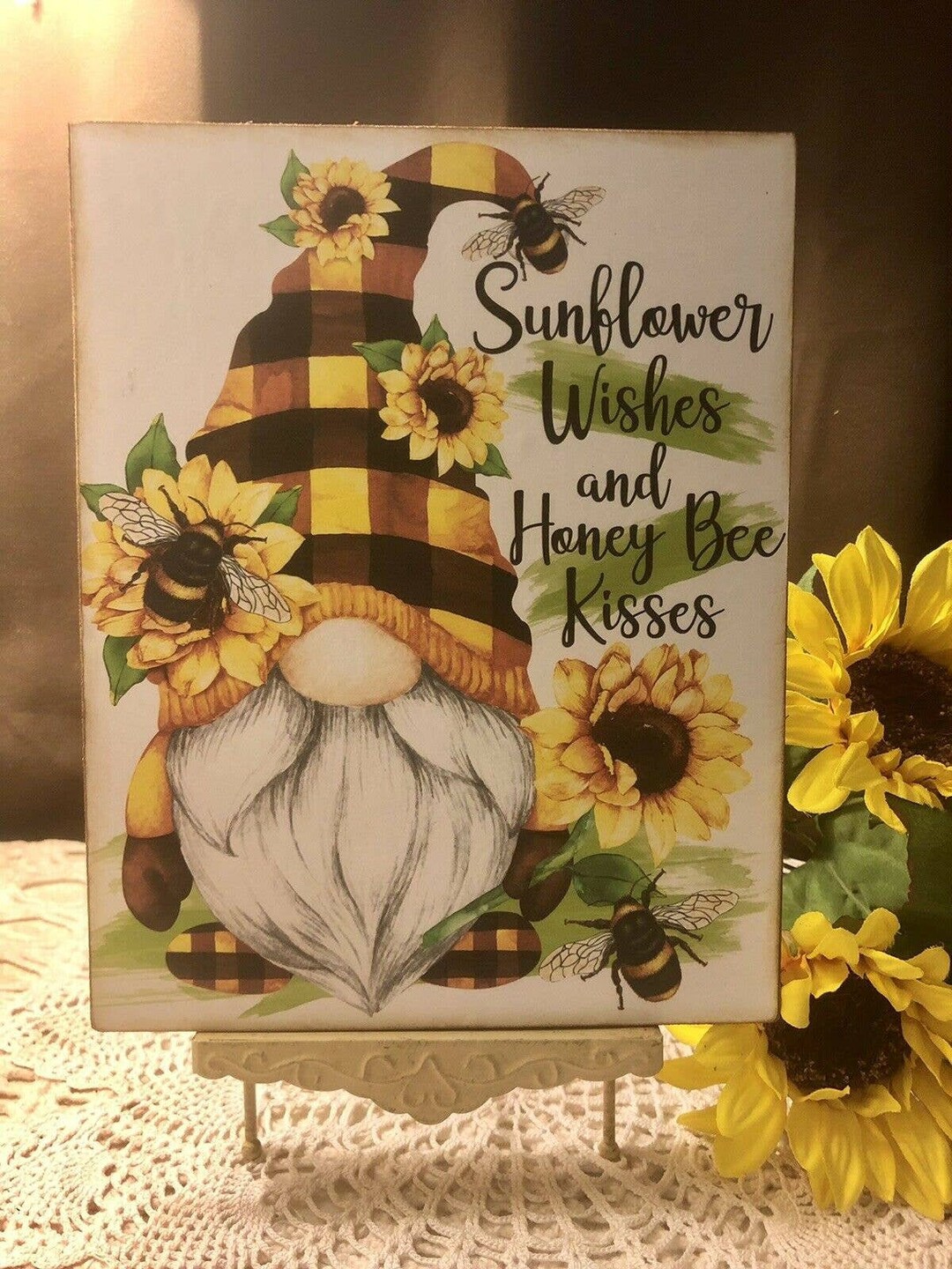 GNOME, Sunflower Wishes Honey Bee Kisses, Handcrafted Plaque / Sign - Etsy