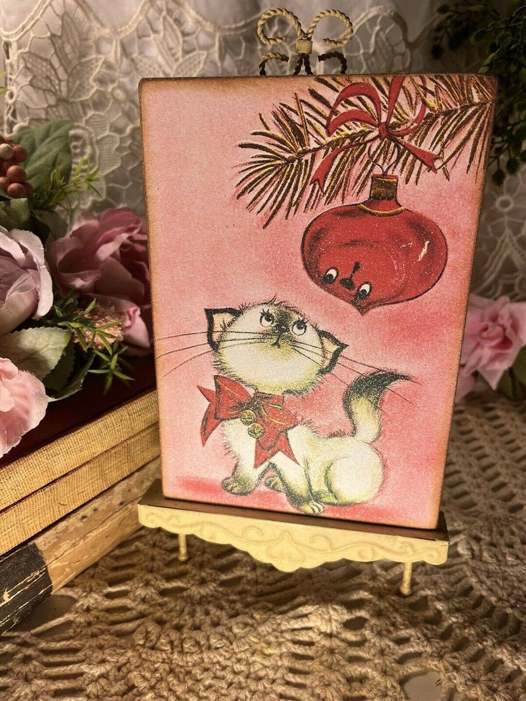 Retro Pink Christmas, Kitten W/ Ornament, Handcrafted Mini Plaque With ...