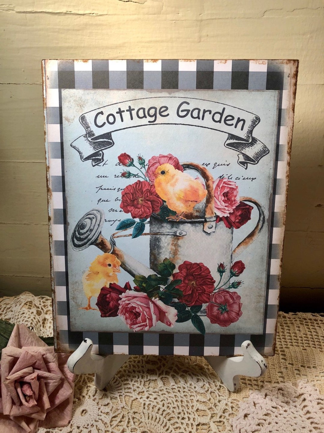 Cottage Garden, Shabby Chic, Watering Can, Buffalo Checks, Handcrafted ...
