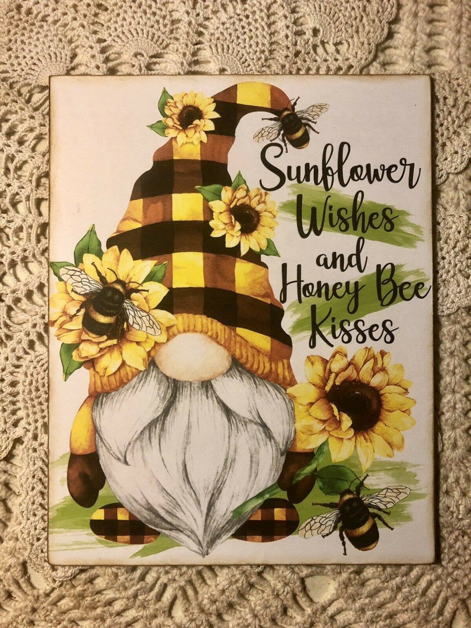 GNOME Sunflower Wishes Honey Bee Kisses Handcrafted Plaque / - Etsy