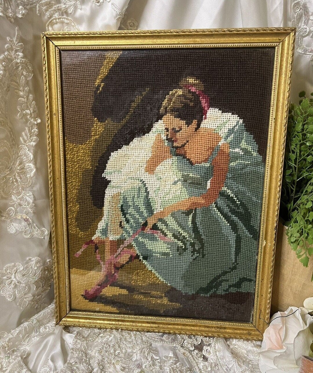 Framed Needlepoint Ballerina Ballet Wood Frame Vintage - Etsy