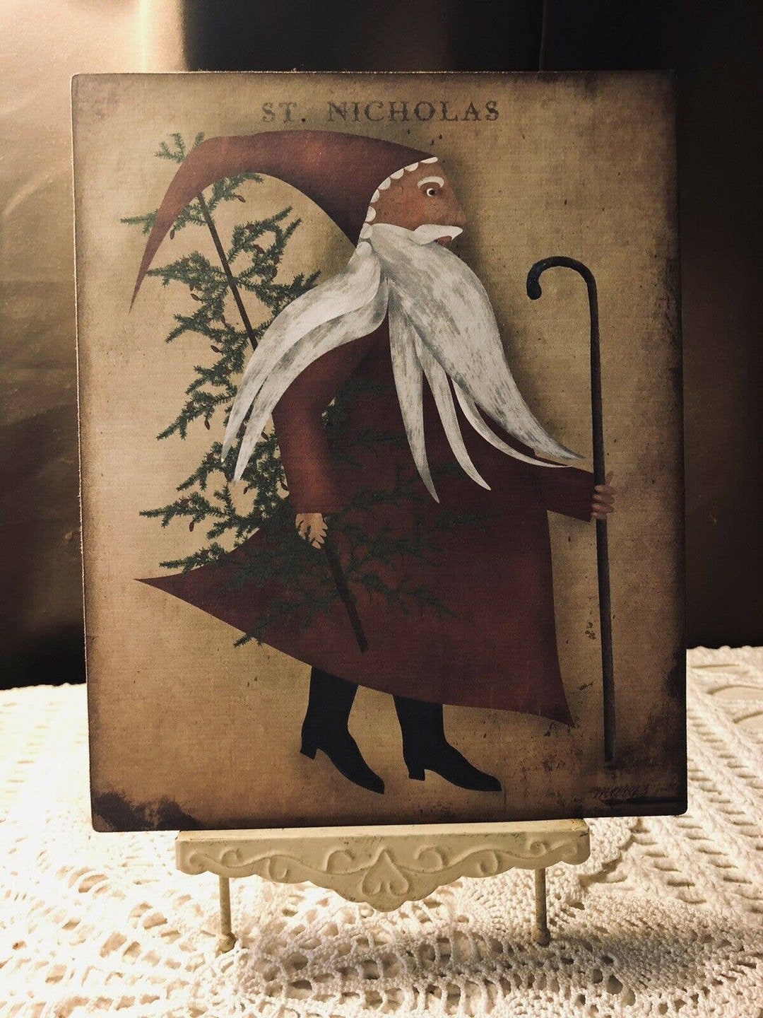 Handmade Primitive Folk Art St Nicholas Walking Santa Plaque / Sign #6 ...