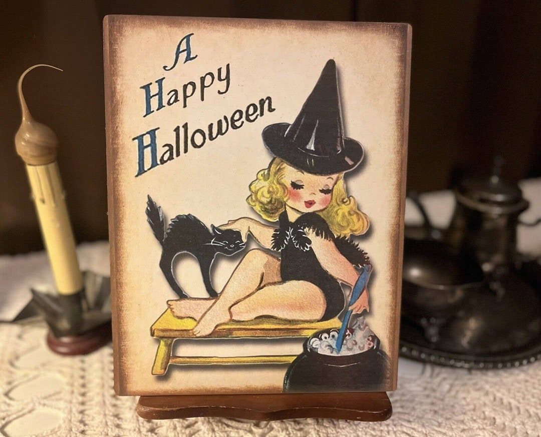 Retro Kitschy Halloween Little Witch Girl With Cat Handcrafted Plaque ...