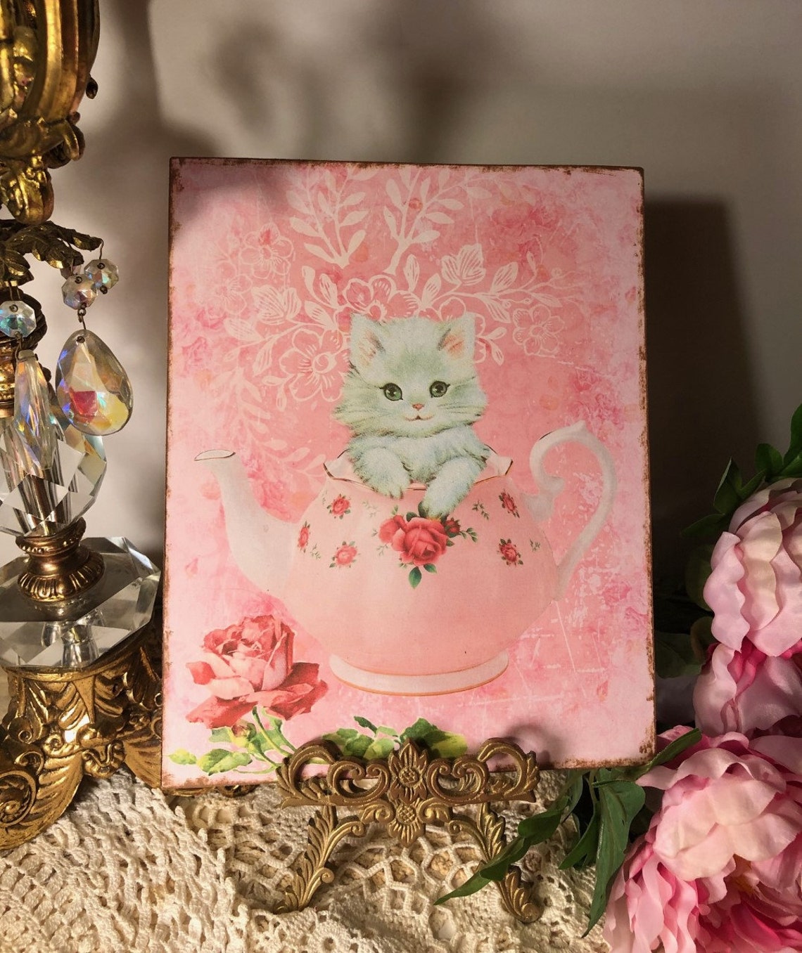 Kitten in a Teapot Shabby Chic Pink Roses Sign / Plaque | Etsy