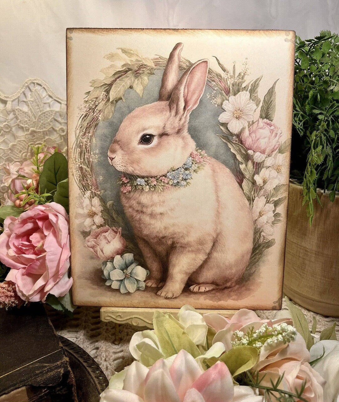 Shabby Chic, Bunny Rabbit, Dreamy Pastels, Flowers HANDCRAFTED Plaque ...