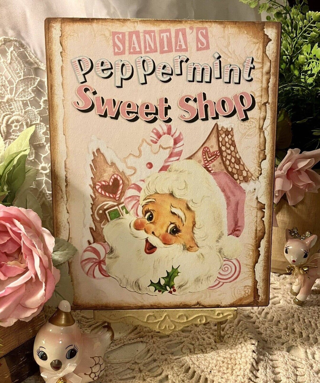 Santa's Peppermint Sweet Shop, Pink Christmas, RETRO Handcrafted Plaque ...