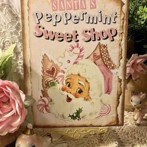 Santa's Peppermint Sweet Shop, Pink Christmas, RETRO Handcrafted Plaque ...