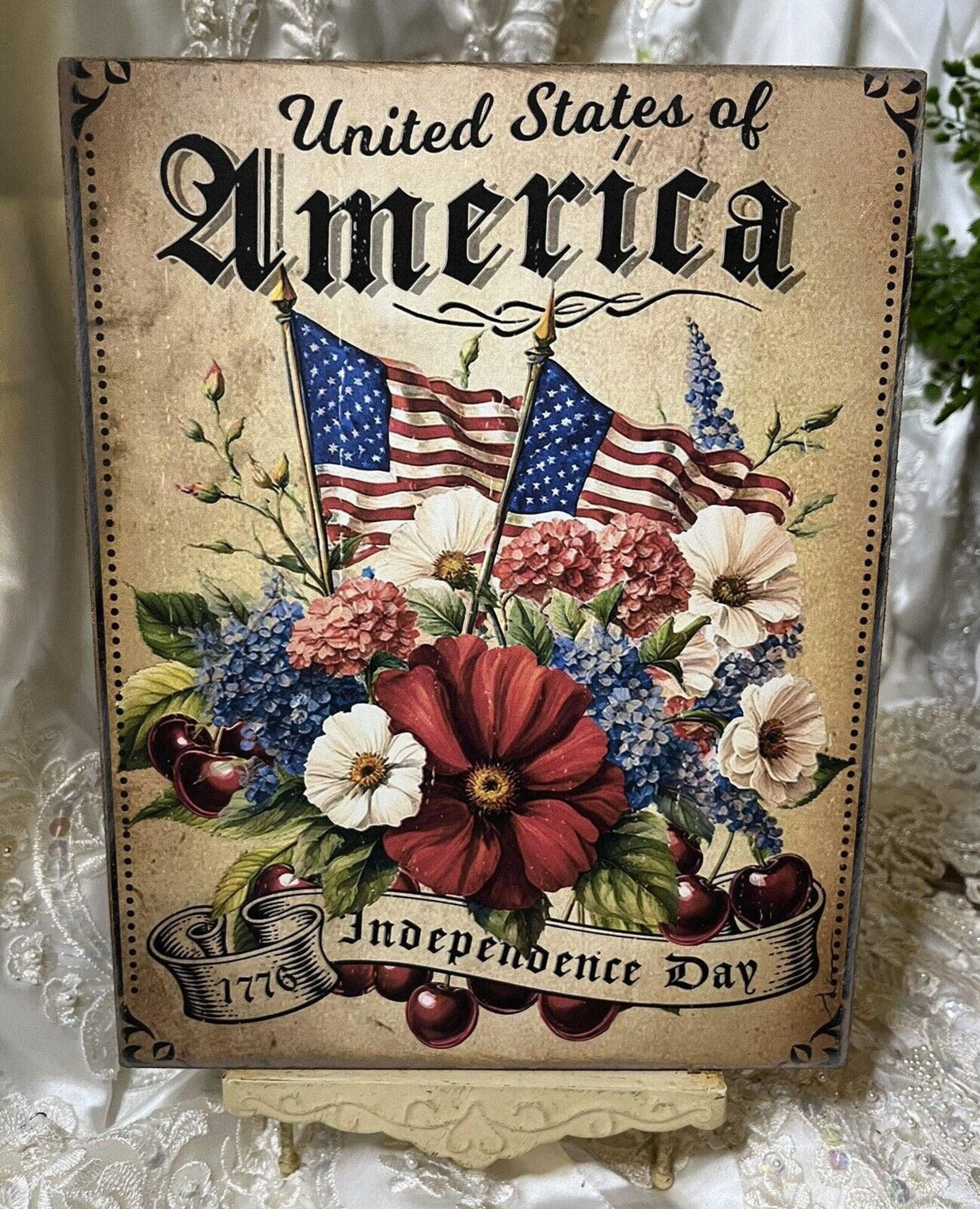 American Flags Patriotic, Flowers, Independence Day, Handcrafted Plaque ...
