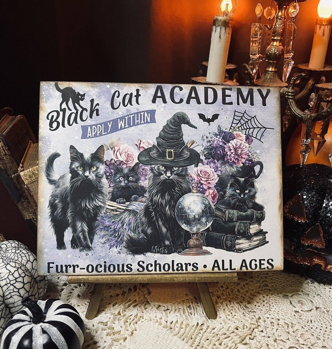 Halloween Black Cat Academy Handcrafted Plaque Sign - Etsy