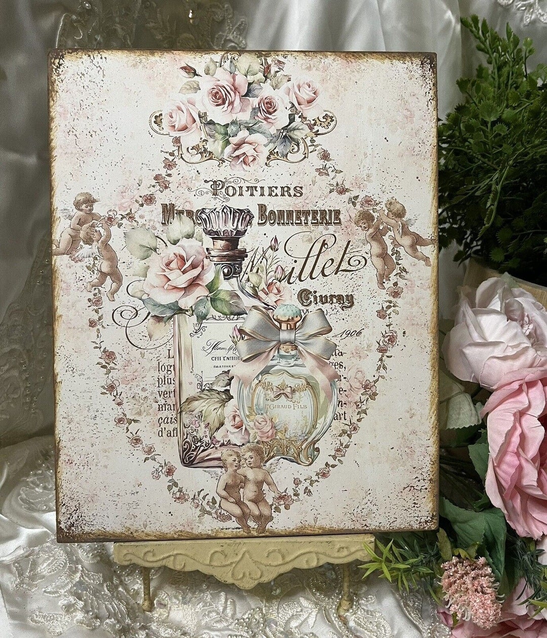 French Perfume, Parfumerie, Romantic Cottage Cherubs Handcrafted Plaque ...