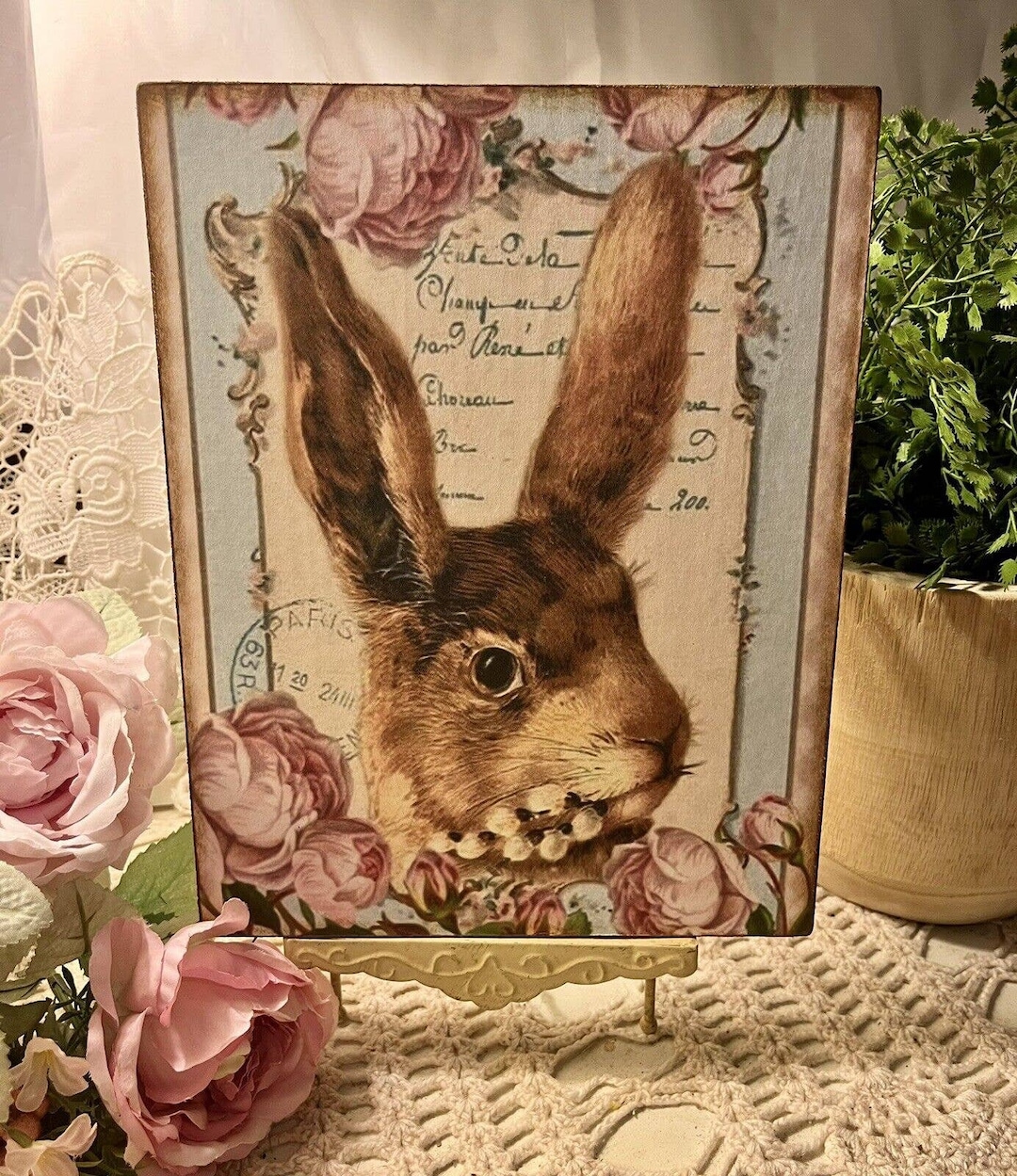 Vintage Victorian Easter Bunny Rabbit, Shabby Chic HANDCRAFTED Plaque ...