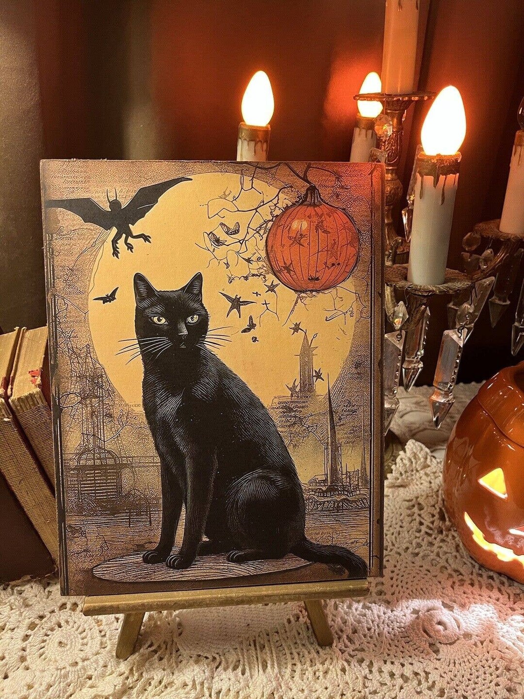 Black Cat, Full Moon, Flying Devil, Halloween Handcrafted Plaque / Sign ...
