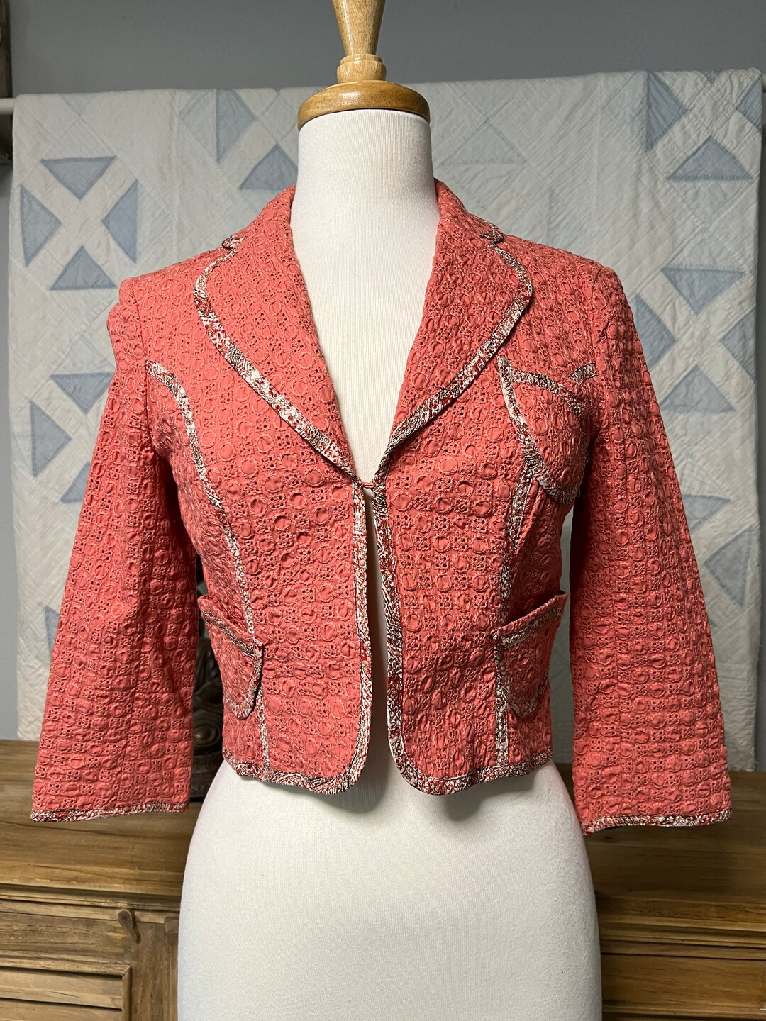 Pre-loved, Bolero Style, Princess Cut Jacket - Salmon With Calico Trim ...