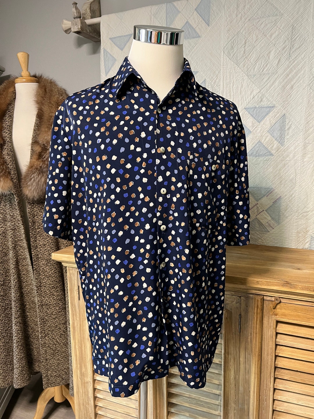Vintage 80s Alan Stuart Shirt: Navy Blue Splotch Print, Size Large - Etsy